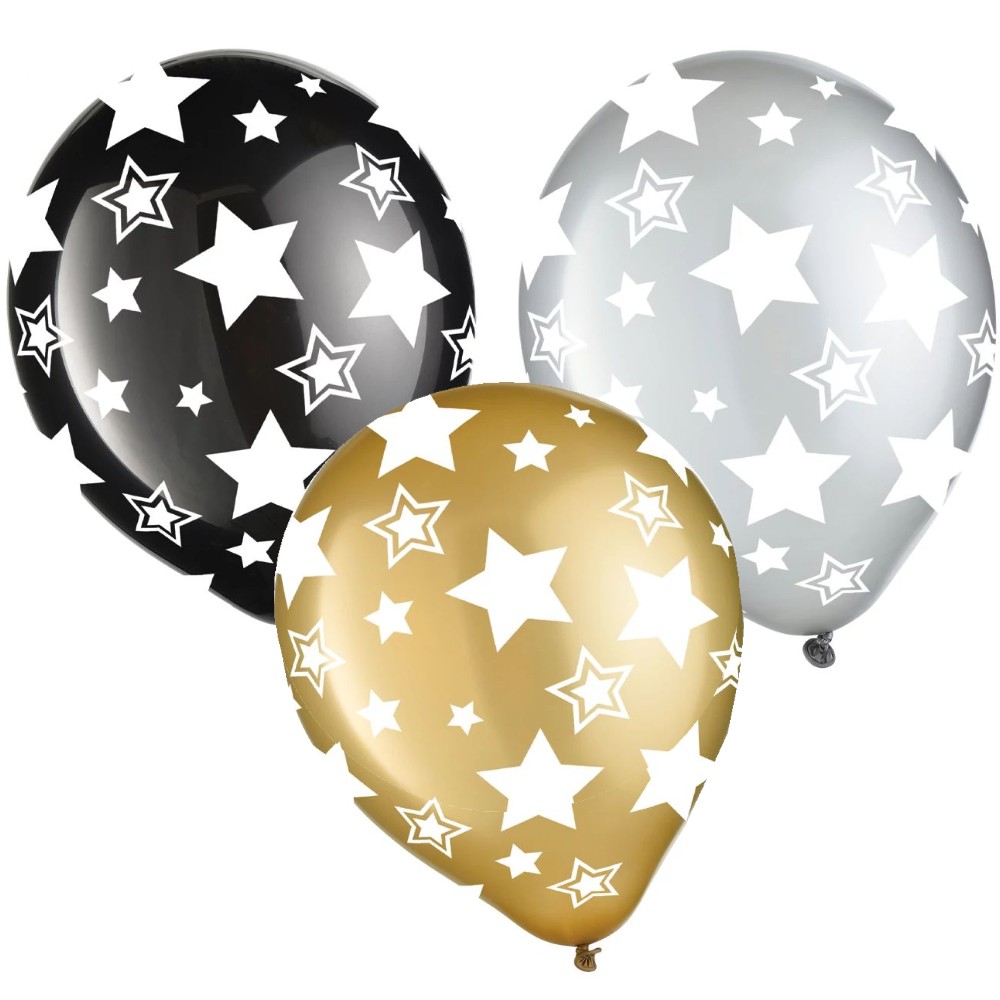 Black, Gold & Silver Stars 12-inch Latex Balloon Assortment: Party at ...