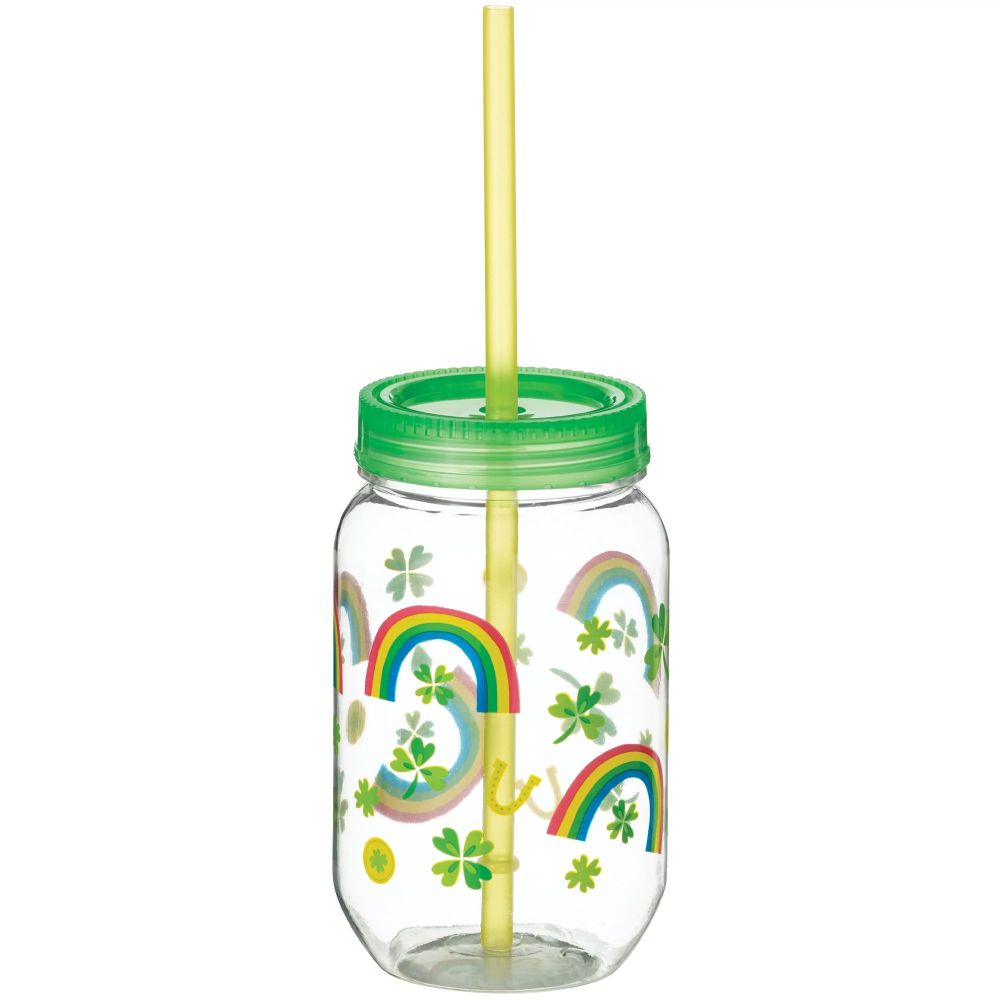 Rainbow and Clovers 16 oz Plastic Mason Cup and Straw: Party at Lewis ...