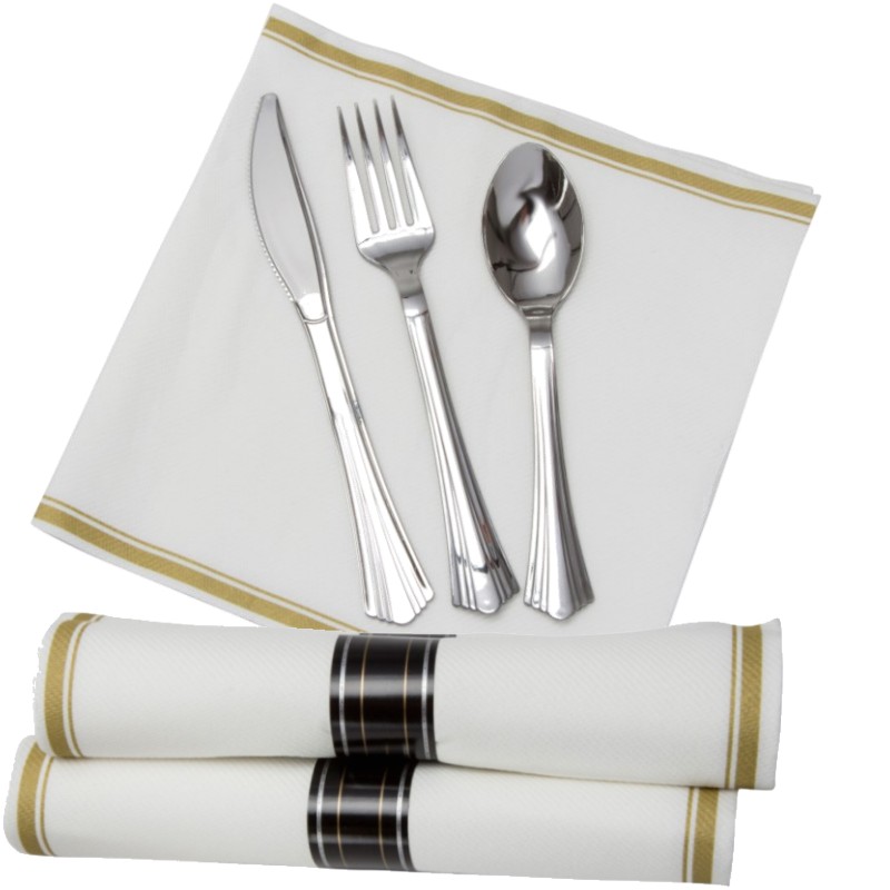 Reflections Silver Cutlery Pre Rolled w/Gold Trim Linen Like Napkin ...